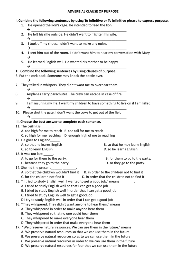 Understanding Adverb Clauses of Purpose - Examples and Answers